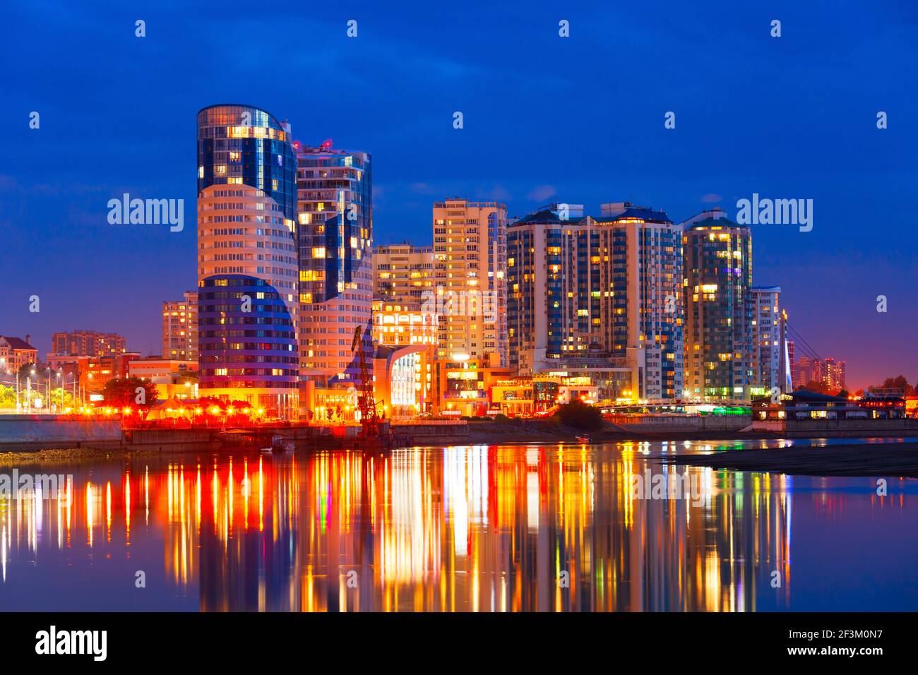 Krasnodar city and Kuban river skyline aerial panoramic view at night ...