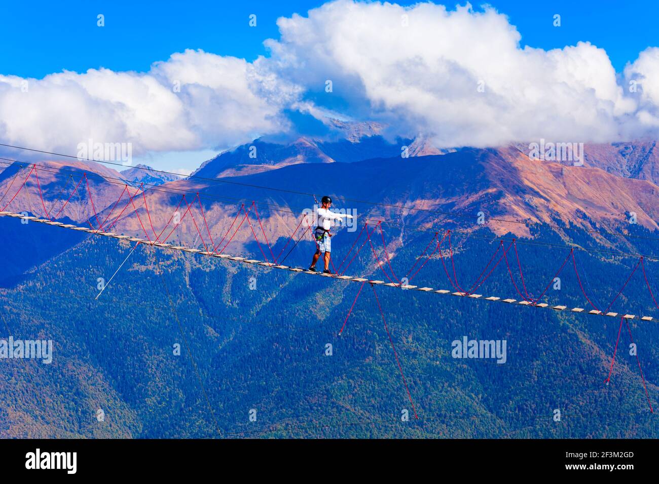 Suspension bridge at Rose Peak mountain station in Sochi resort city in ...