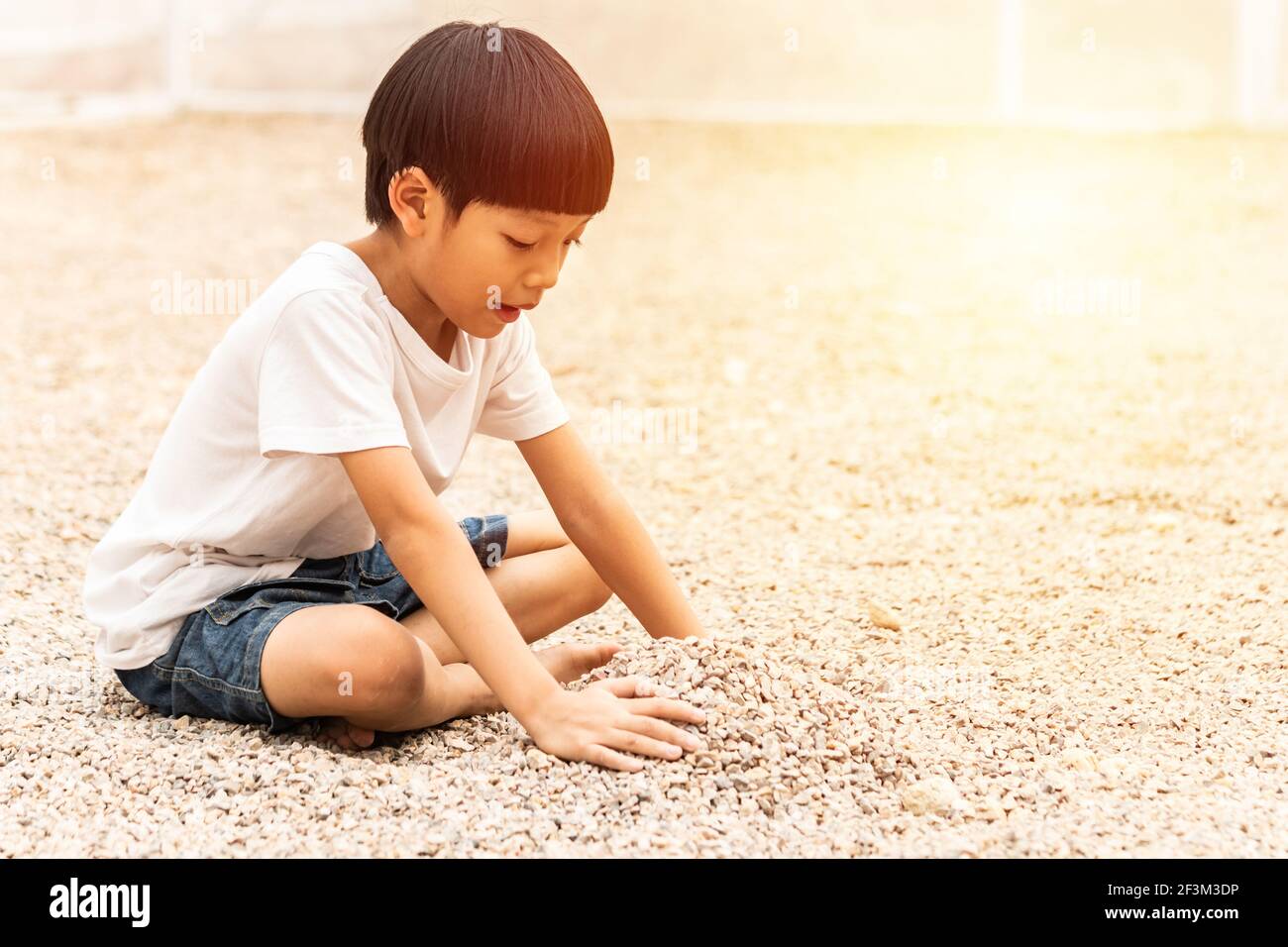 Adorable Asian little boy playing making gathering small stones ...