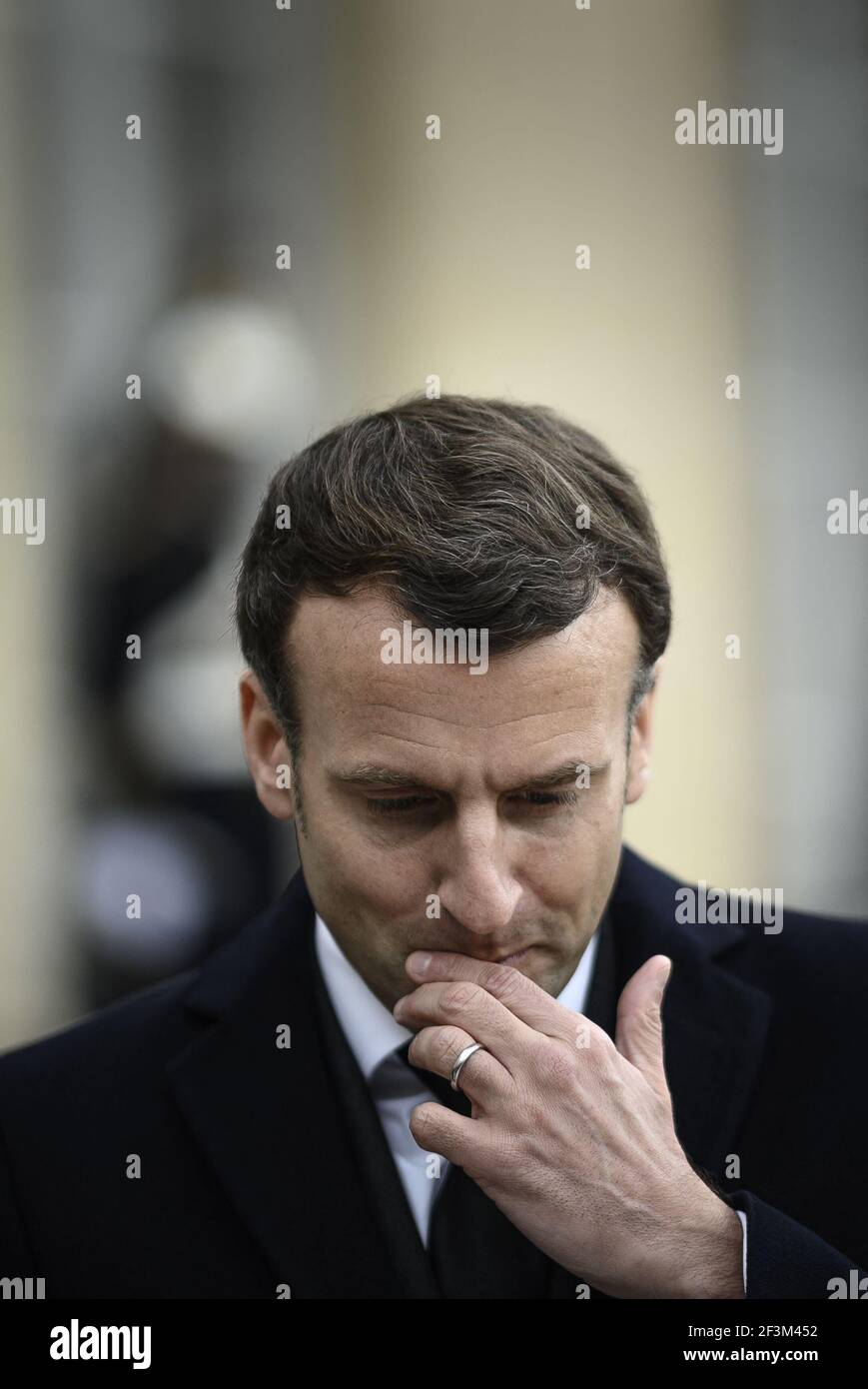 French President Emmanuel Macron gestures at Elysee Palace in Paris ...