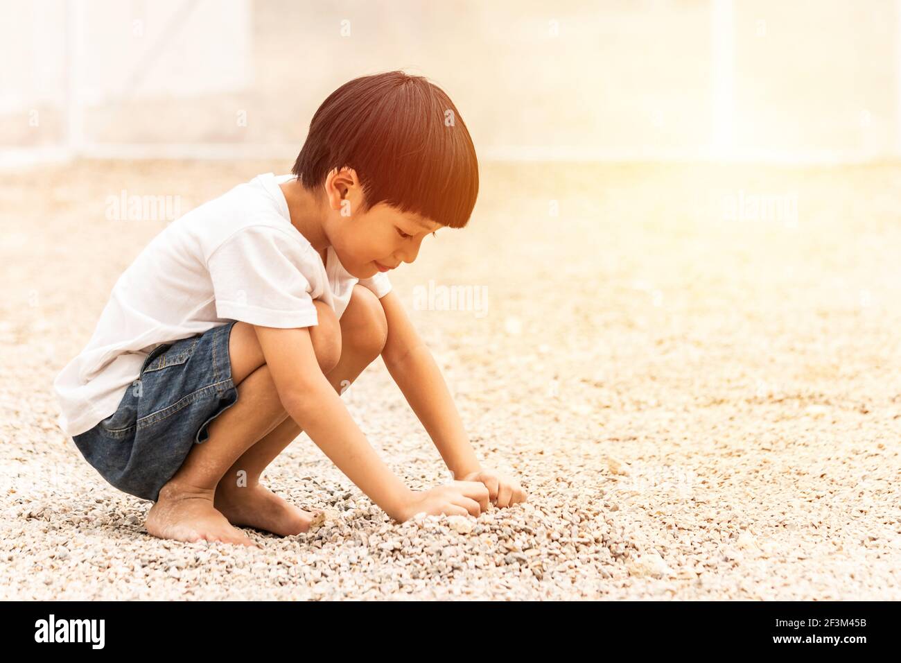 Adorable Asian little boy playing making gathering small stones ...