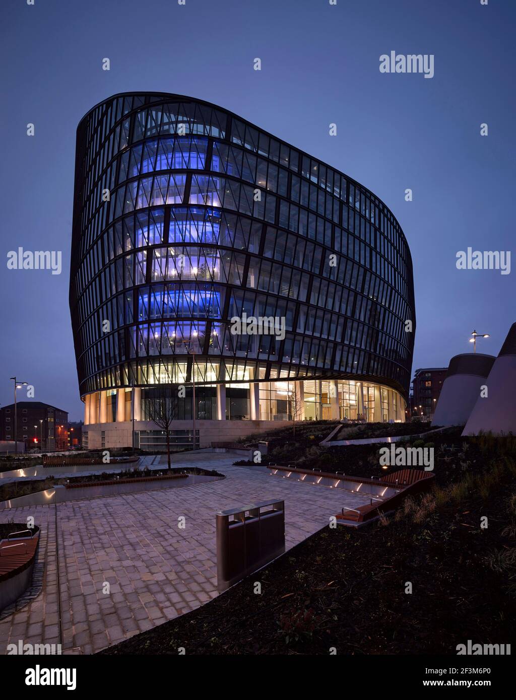 Lit exterior of Co-op Head Offices, 1 Angel Square, Manchester, England ...