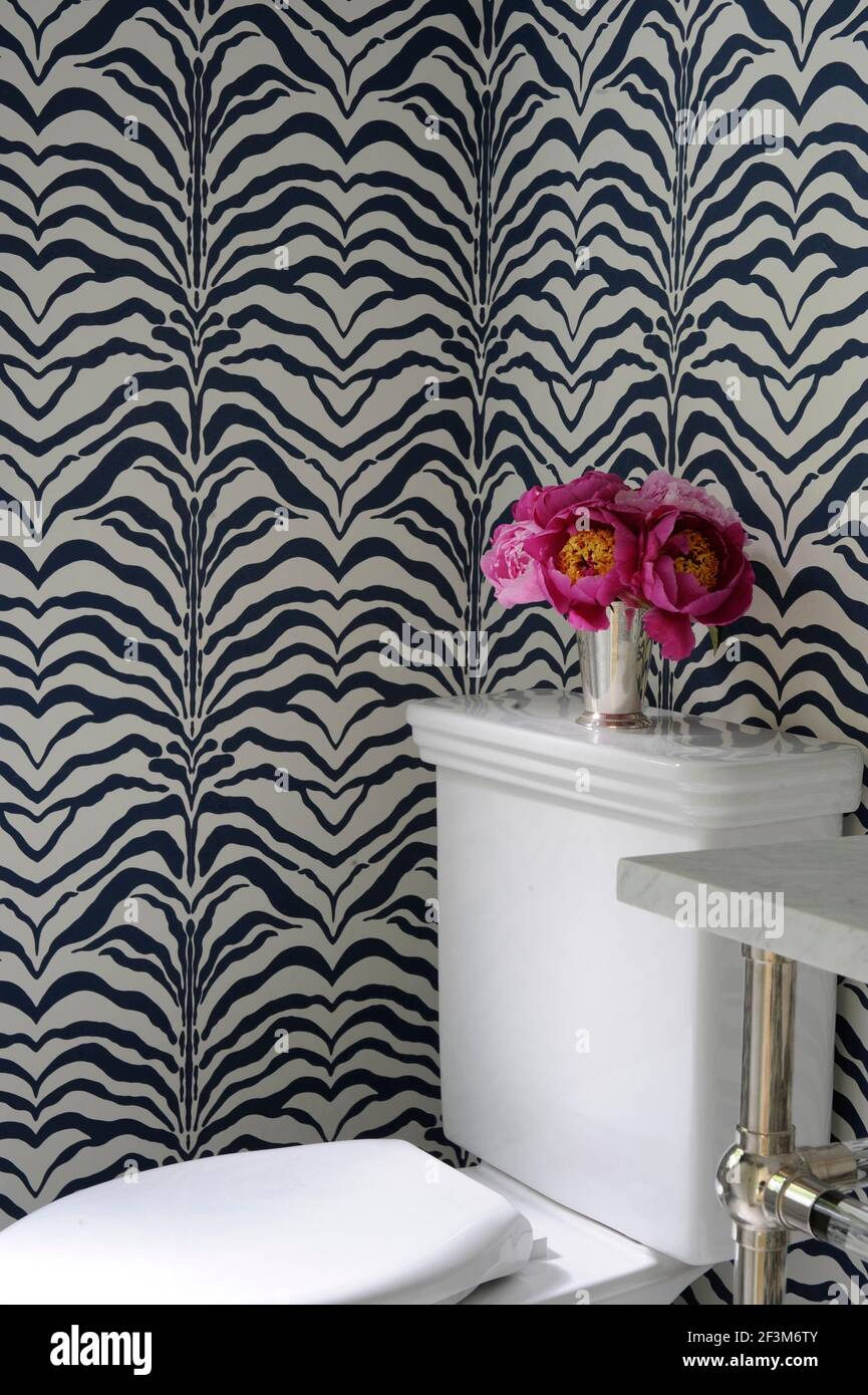 Zebra print wallpaper in cloakroom of poolhouse interior, USA Stock ...