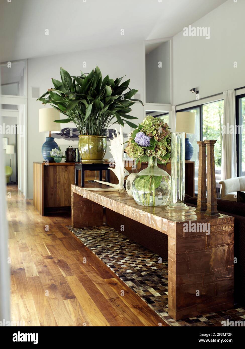 Console table with plants in new build house, New York State, USA Stock ...