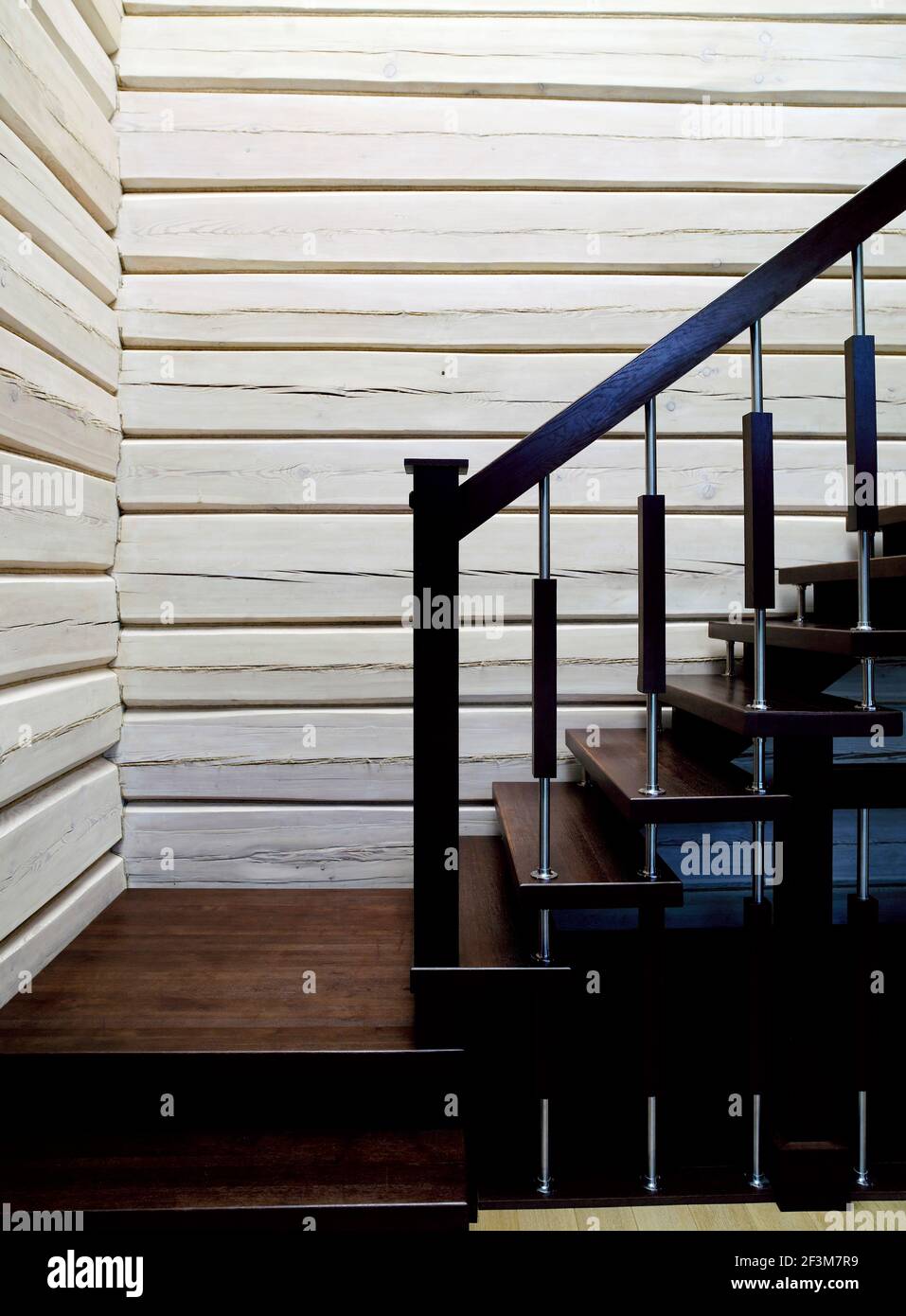 Wooden stairs in modern Russian chalet Stock Photo - Alamy