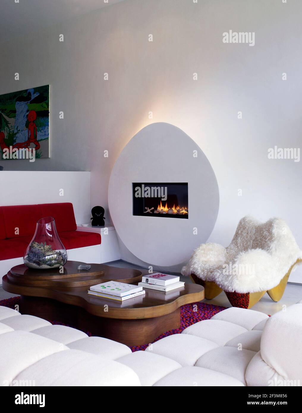 Fire with egg-shaped fire surround in Californian home, USA Stock Photo ...