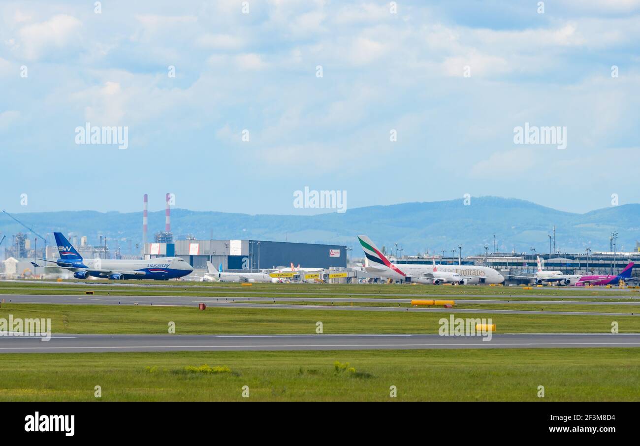 schwechat, austria, 20 may 2019, boeing 747 cargo aircraft landing at ...
