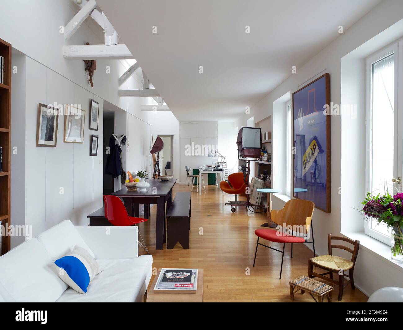 Open plan study, dining and living area with beamed ceiling in French ...