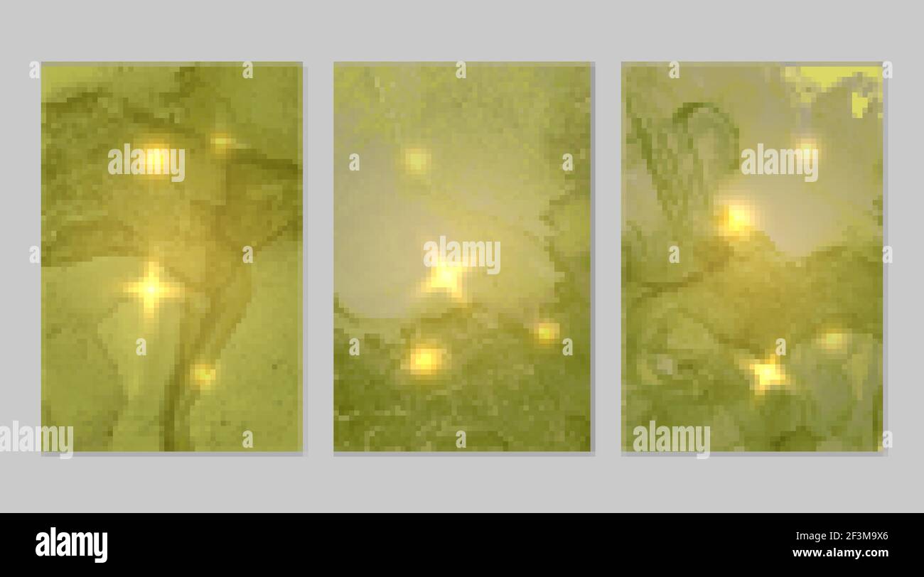 Set of marble patterns. Green and gold geode textures with glitter ...