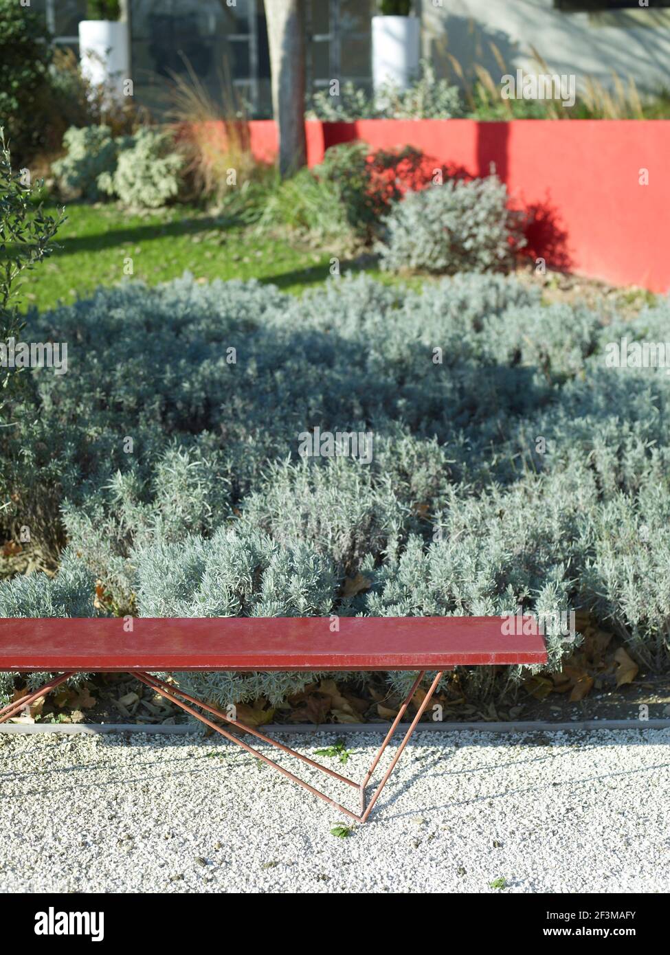 Red metal bench in herb walled garden in French villa Stock Photo - Alamy