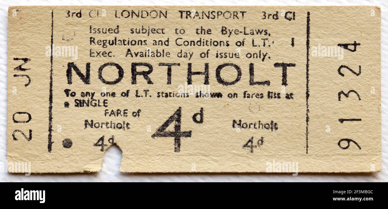 1950s London Transport Underground or Tube Train Ticket from Northolt ...