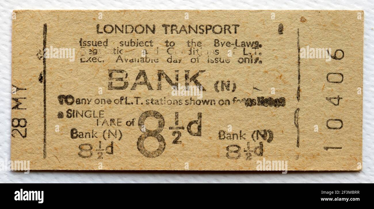 1950s London Transport Underground or Tube Train Ticket from Bank ...