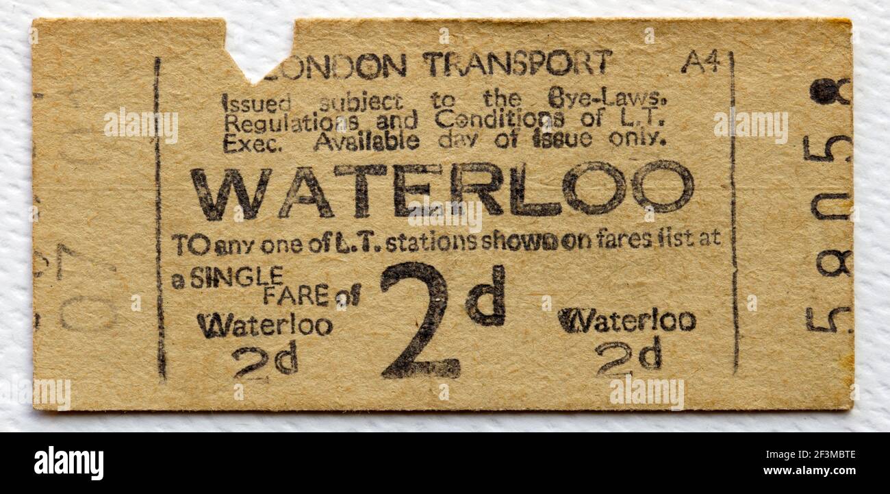 1950s London Transport Underground or Tube Train Ticket from Waterloo ...