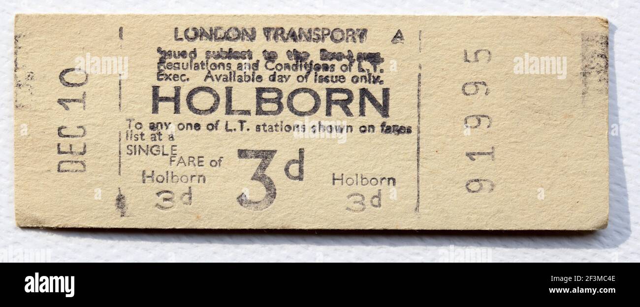 1950s London Transport Underground or Tube Train Ticket from Holborn ...