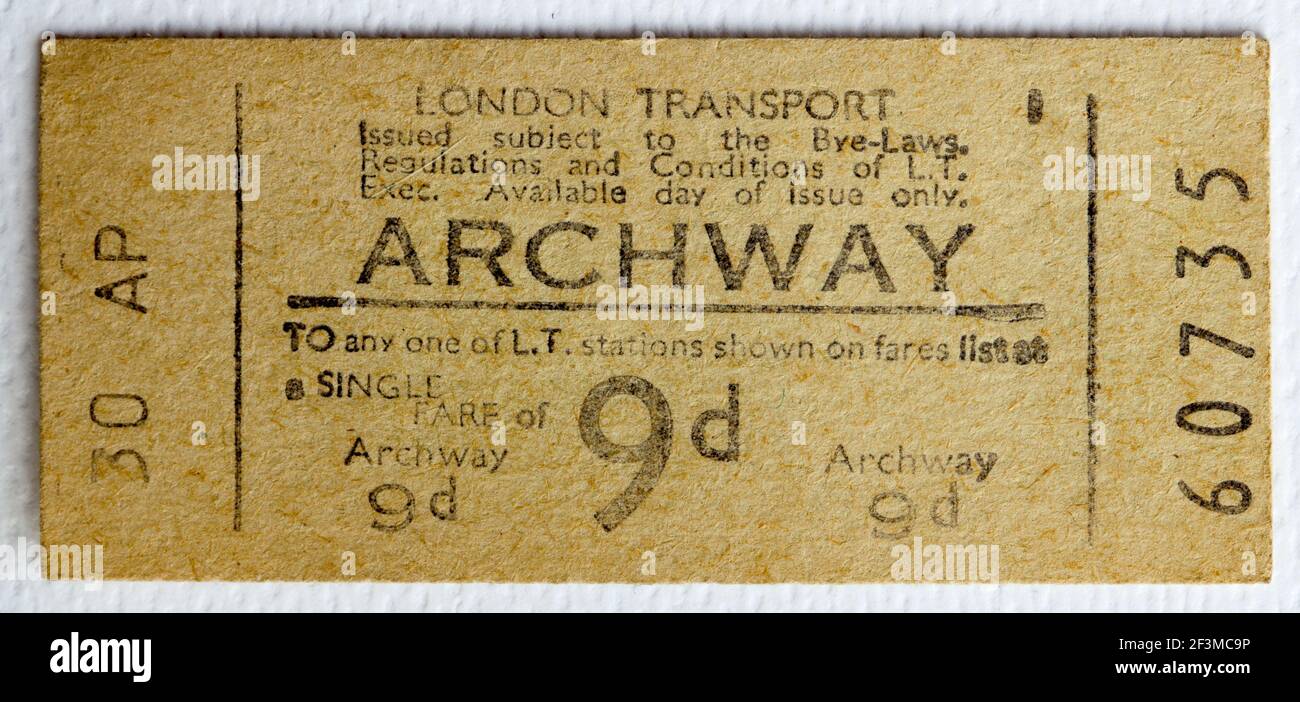 1950s London Transport Underground or Tube Train Ticket from Archway ...