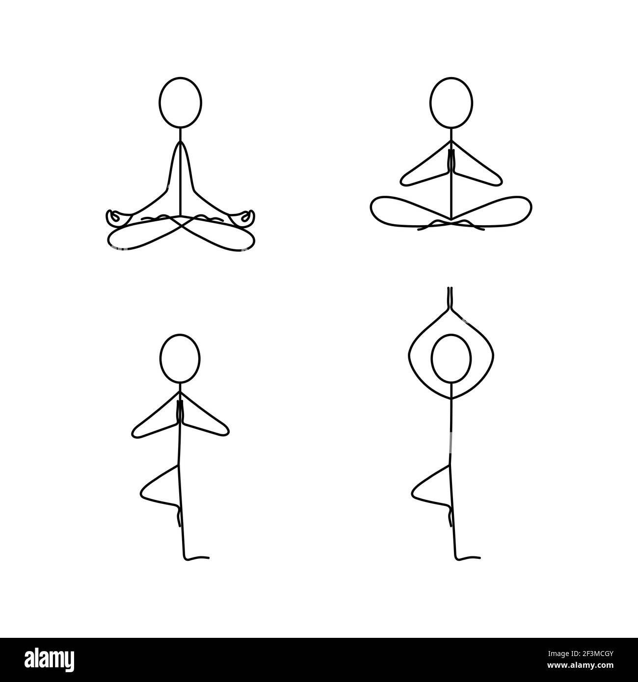 Cartoon icons of sketch vector stick figures meditating isolated on ...