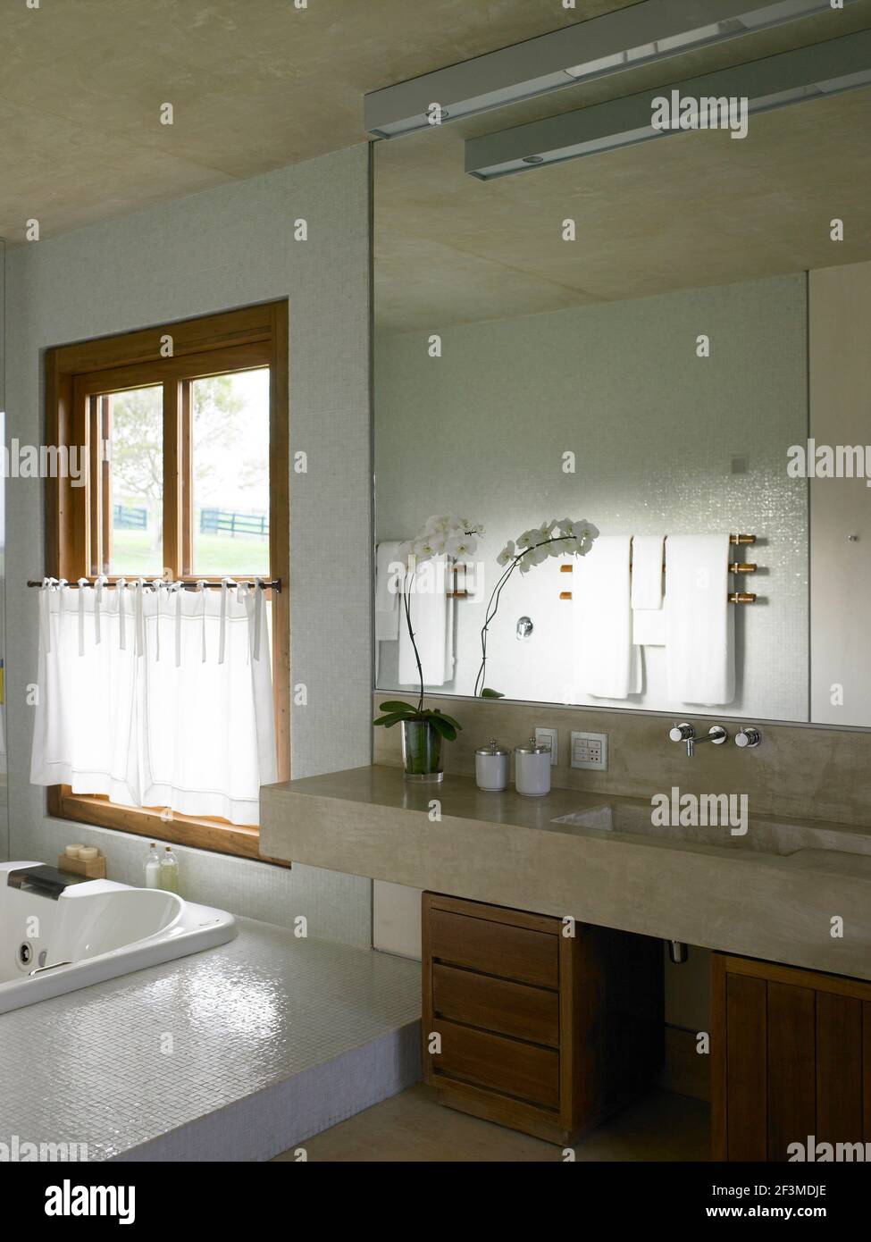 Natural light in bathroom with sunken bath and orchid reflection in ...