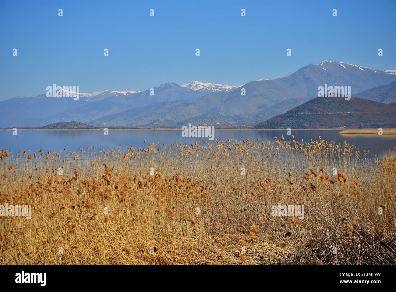 Landscape with scenic view of Lesser Prespa Lake in Mikrolimni, a rural ...