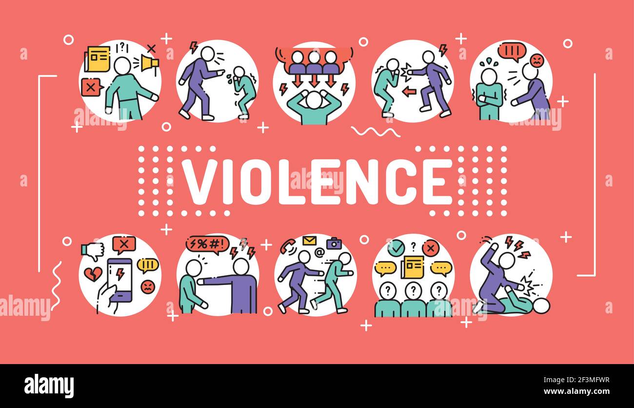 Violence word lettering typography. Infographics with linear icons on ...