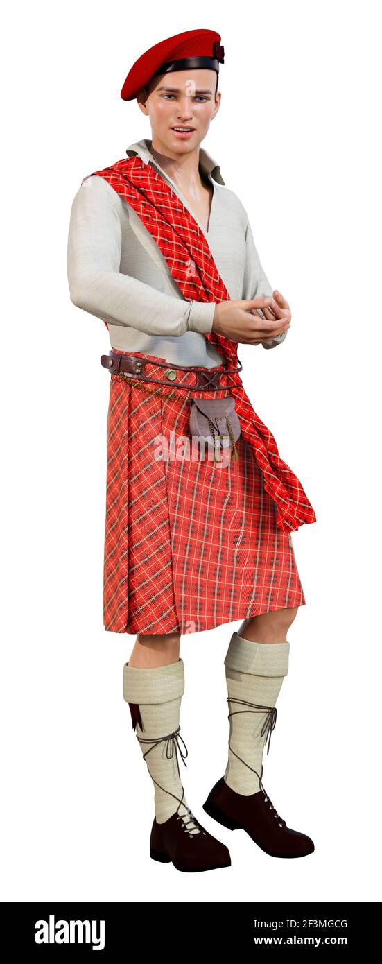 3D rendering of a young highlander wearing a traditional scottish kilt ...