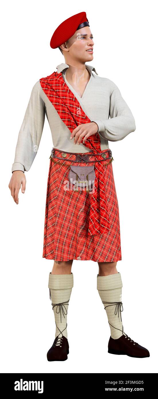 3D rendering of a young highlander wearing a traditional scottish kilt ...