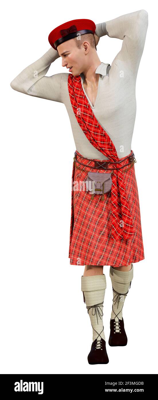 3D rendering of a young highlander wearing a traditional scottish kilt ...