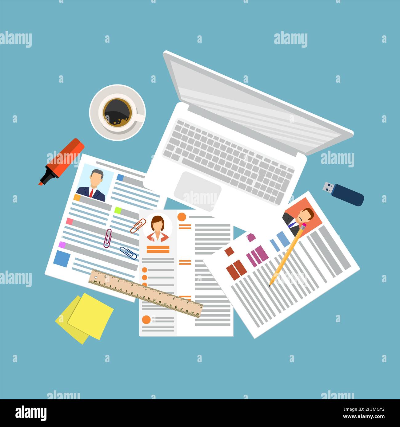 Top view of workplace with documents and laptop Stock Vector Image ...