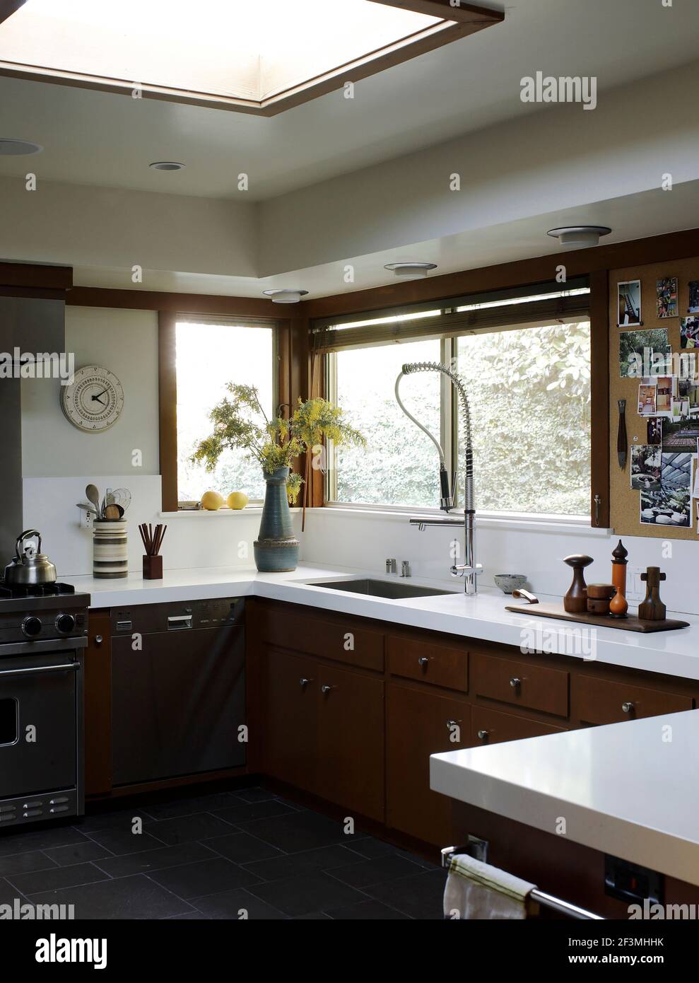 Modern fitted kitchen with pinboard in California home, USA Stock Photo ...