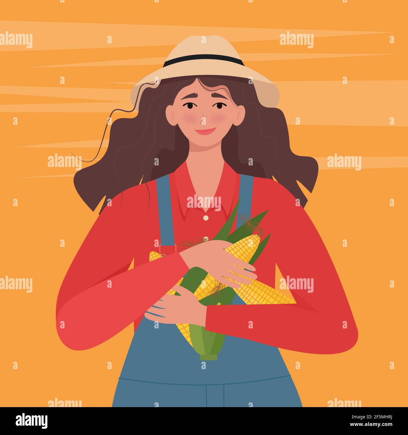 Woman farmer with corn in hand. Vector illustration in flat style Stock ...