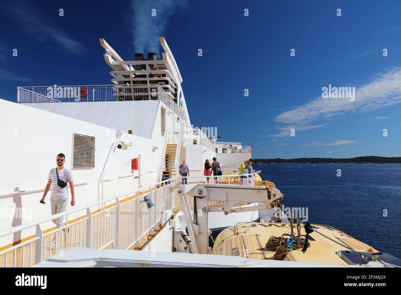 KRISTIANSAND, NORWAY - JULY 31, 2020: Passengers onboard Color Line ...
