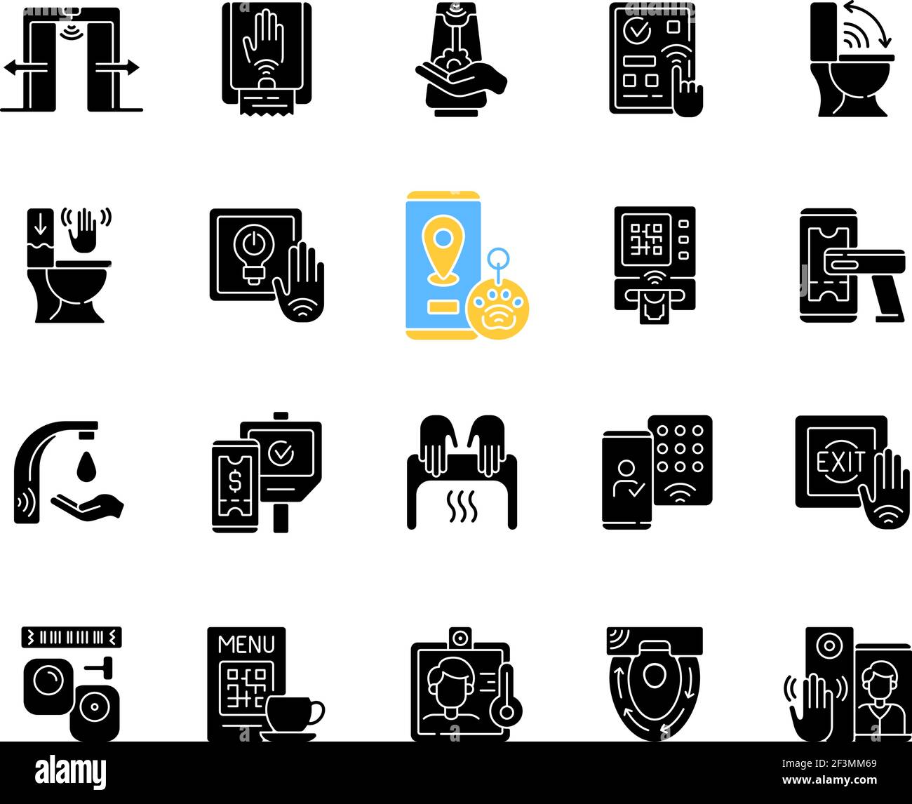 Contactless technology black glyph icons set on white space Stock ...