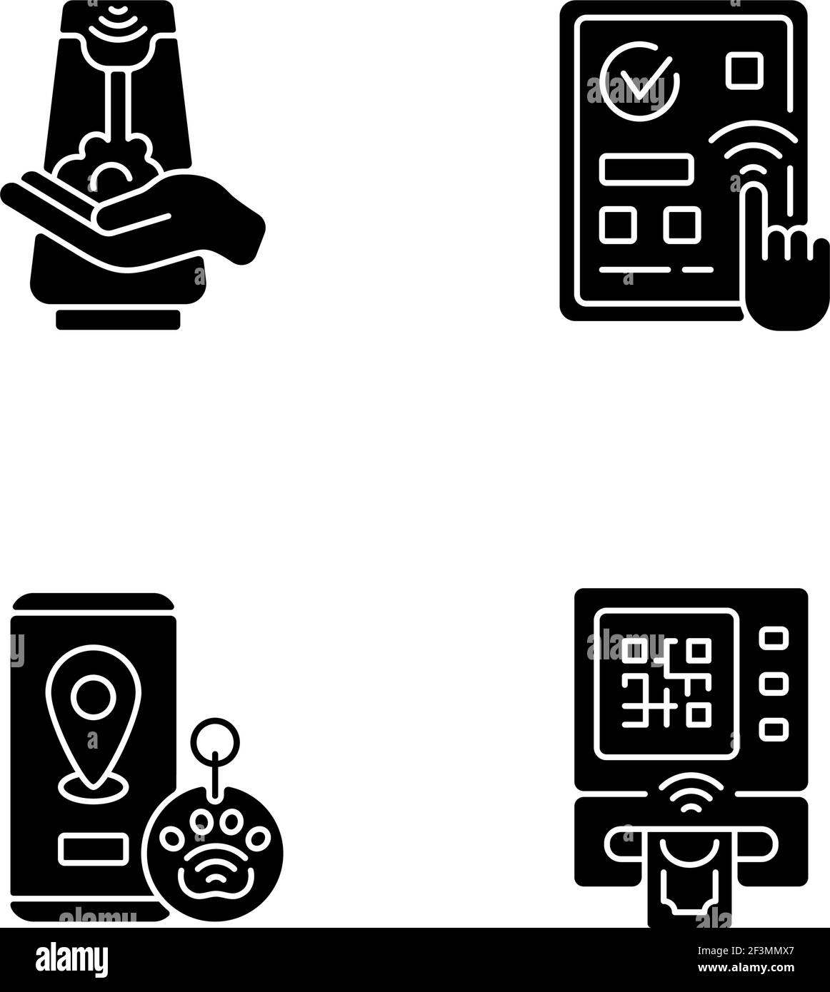 Contactless technology black glyph icons set on white space Stock ...