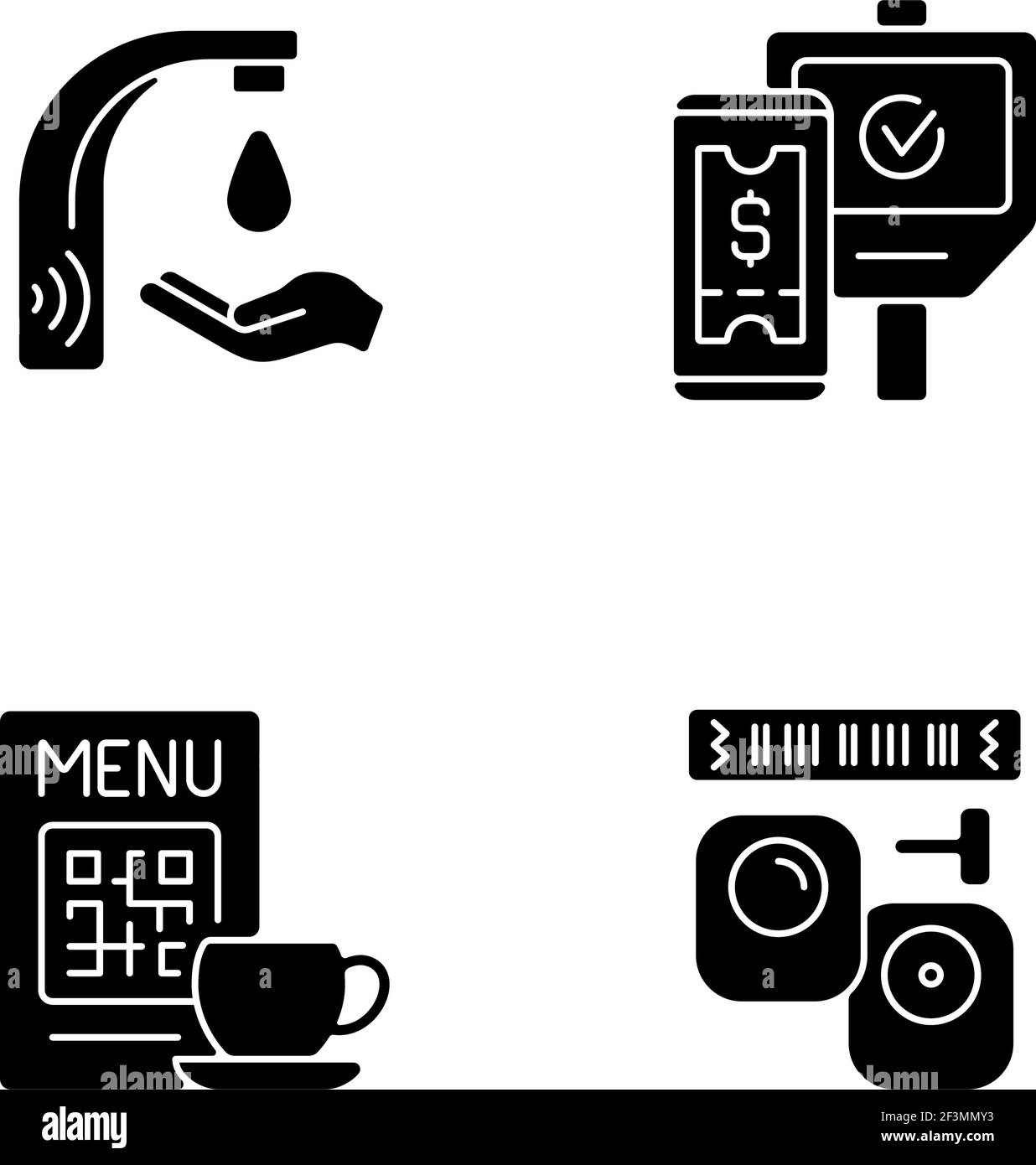 Contactless technology black glyph icons set on white space Stock ...