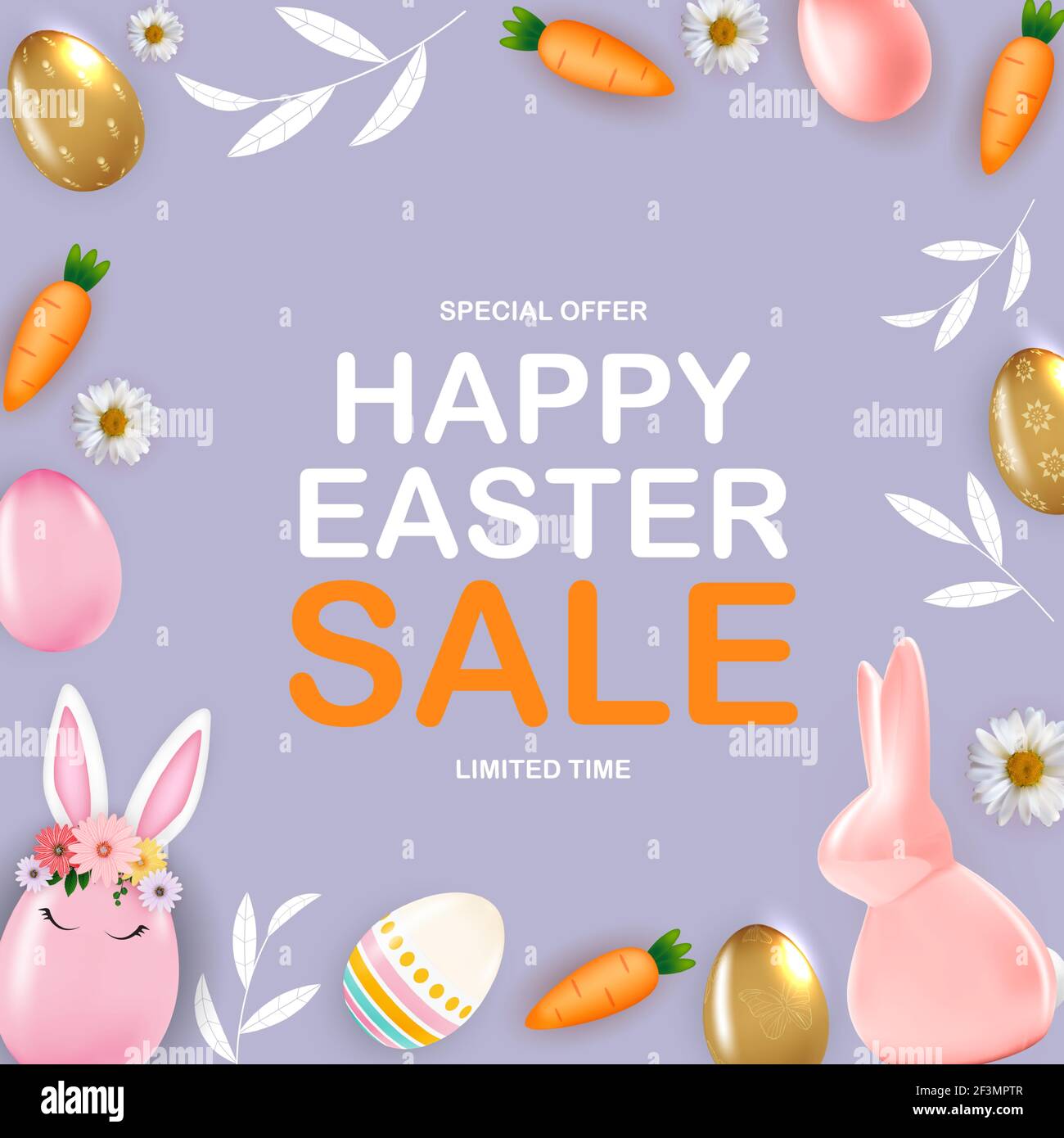 Happy Easter sale poster template with 3d realistic Easter eggs, bunny ...