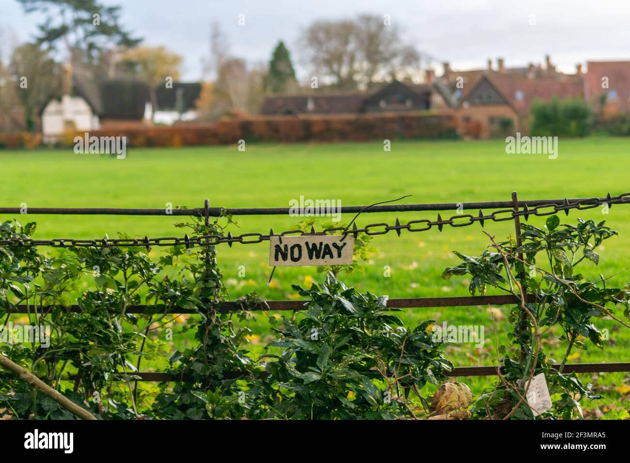 No way sign hanged on a metal fence with beautiful big green park and ...