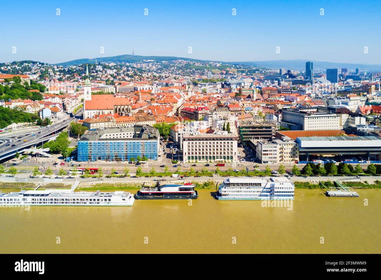 Danube river aerial panoramic view in Bratislava. Bratislava is a ...