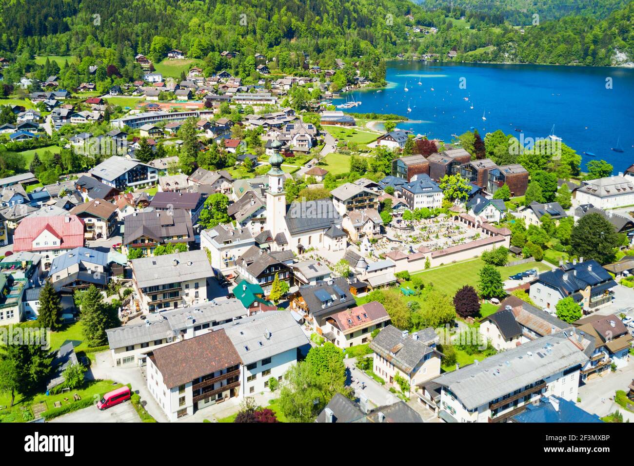 St. Gilgen and Wolfgangsee lake aerial panoramic view in Salzkammergut ...