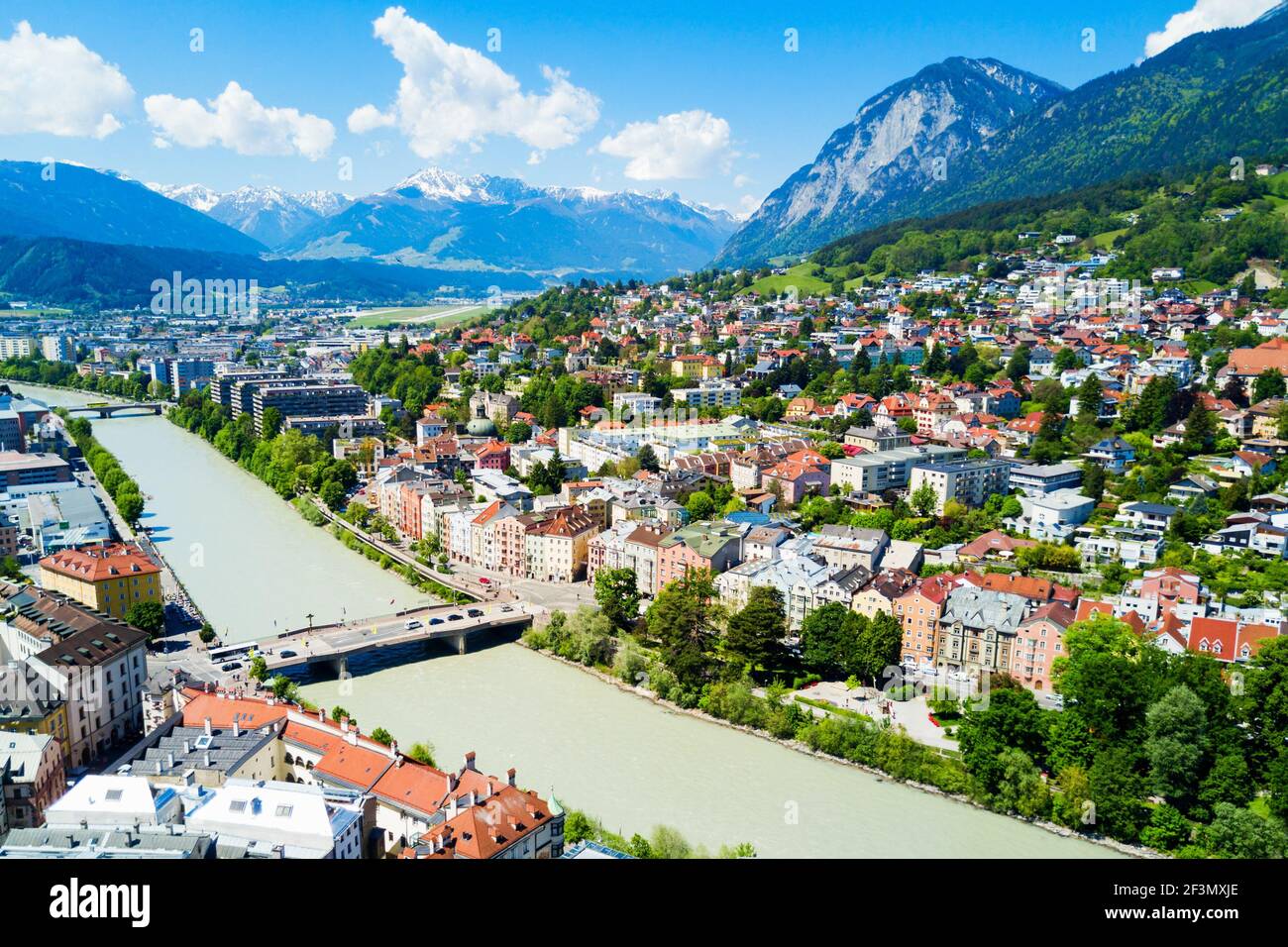 Inns river and Innsbruck city centre aerial panoramic view. Innsbruck ...