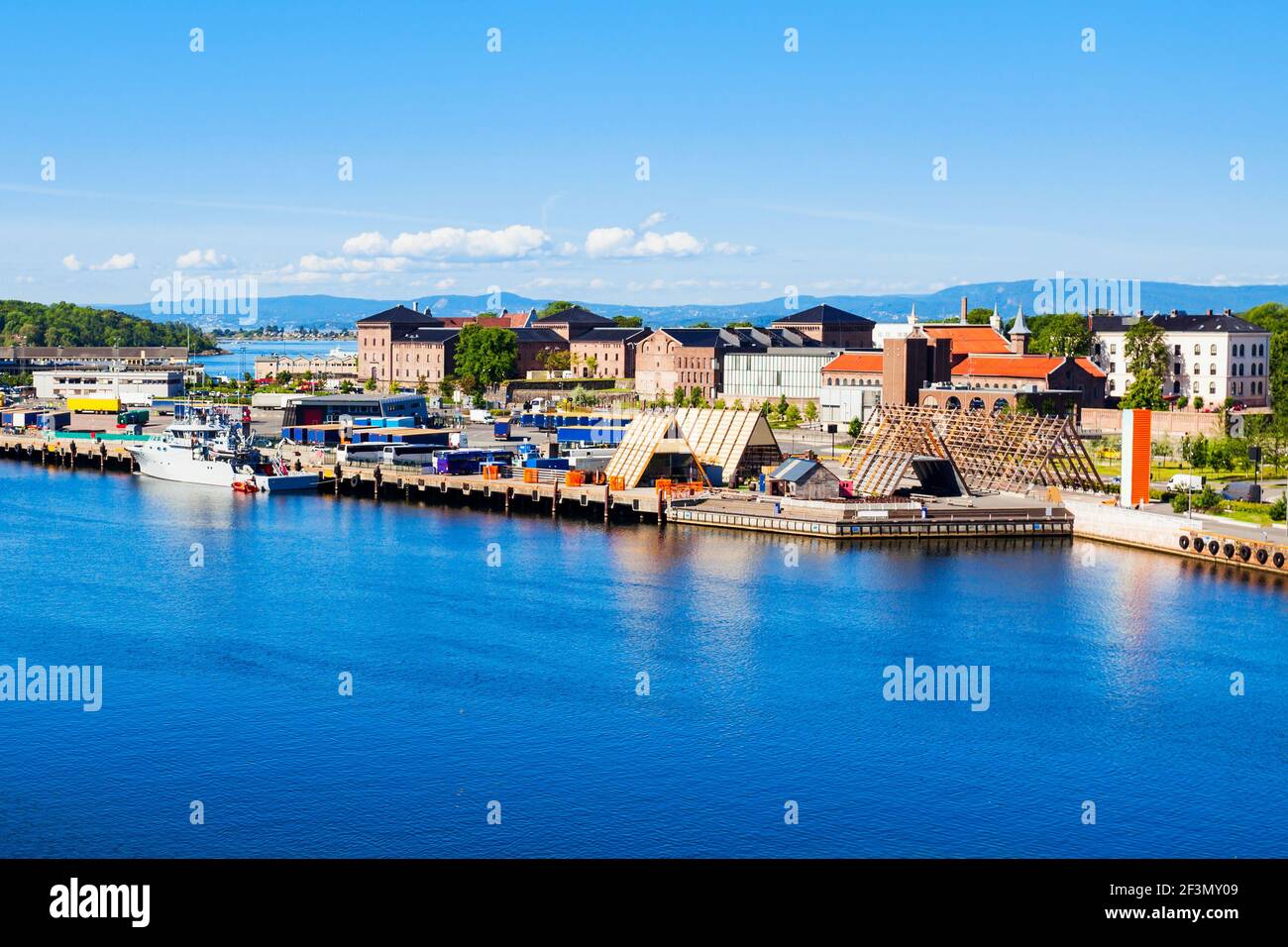 Oslo harbor or harbour aerial panoramic view. Oslo is the capital of ...