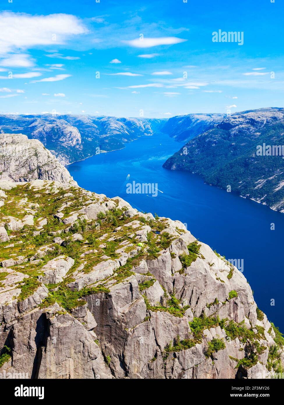 Lysefjord aerial panoramic view from the top of the Preikestolen cliff ...