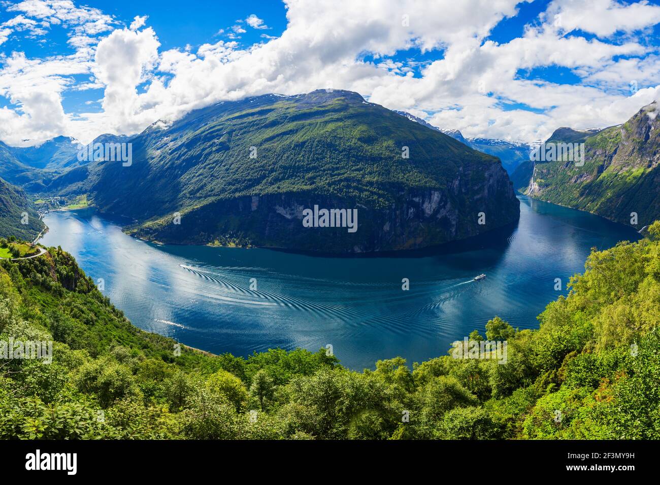 Geirangerfjord aerial panoramic view from Ornesvingen eagle road ...