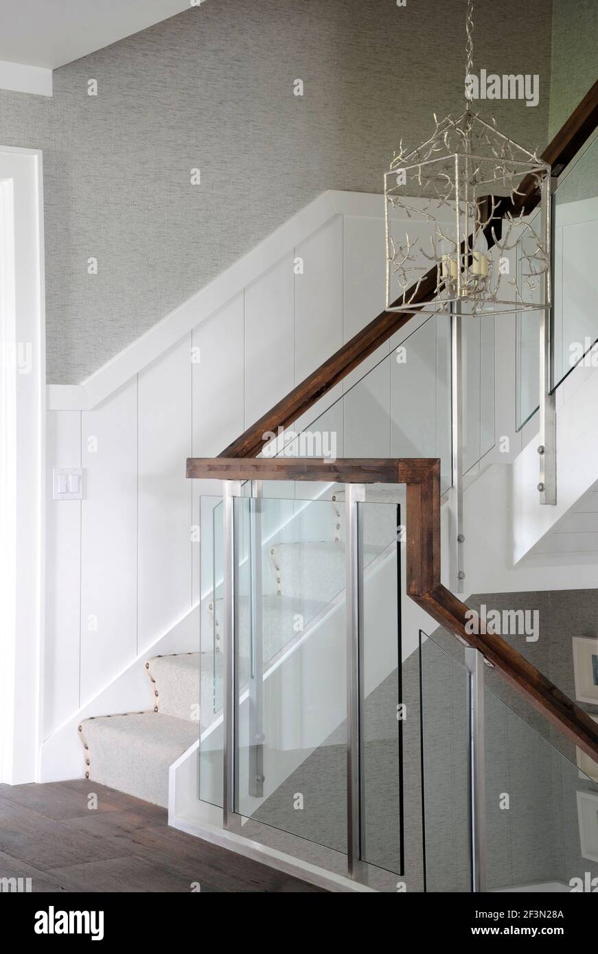 Glass banister and pendant light in staircase, Cobble Court Interiors ...