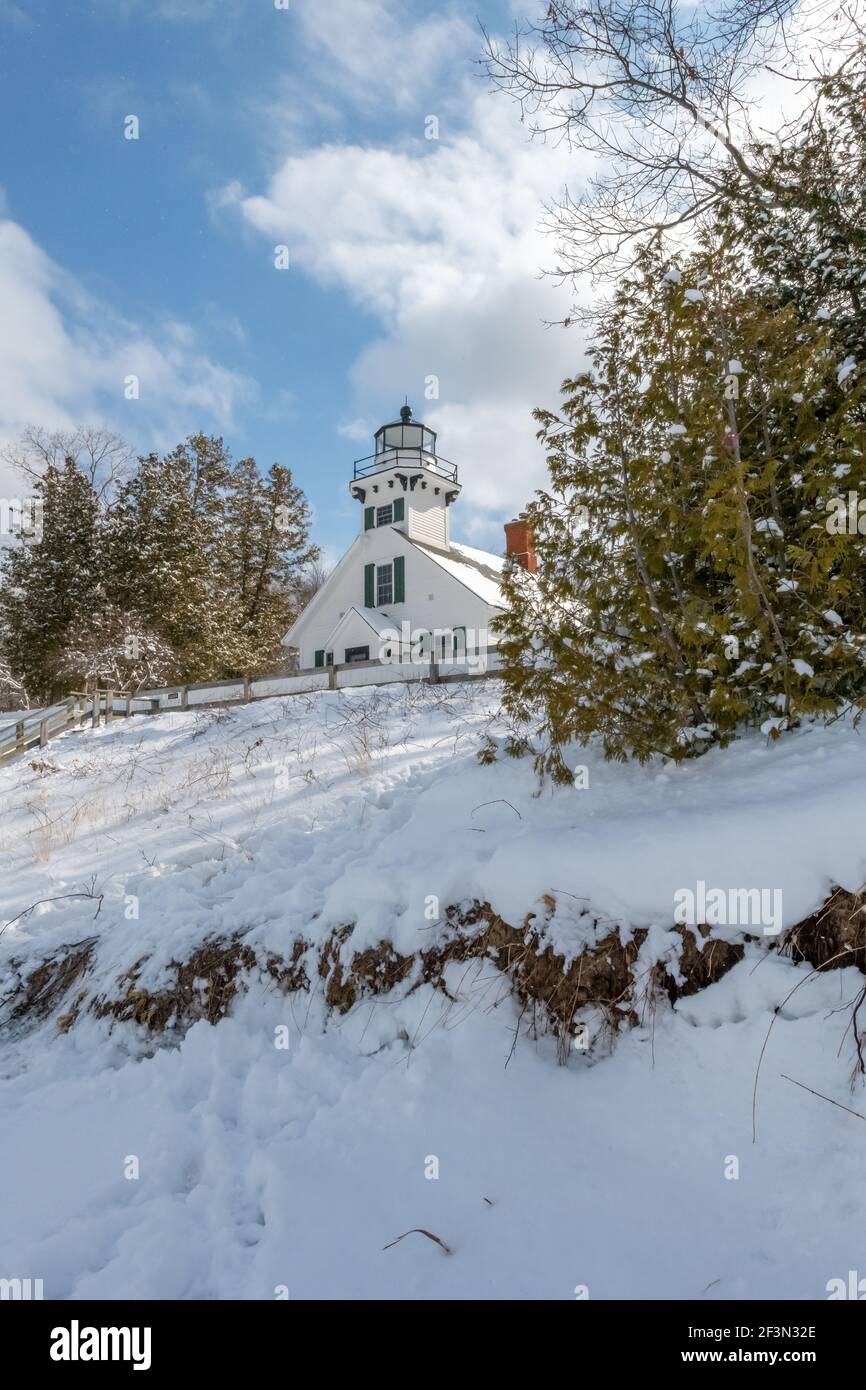 Very light snow falling on the 150 year old Old Mission Point ...