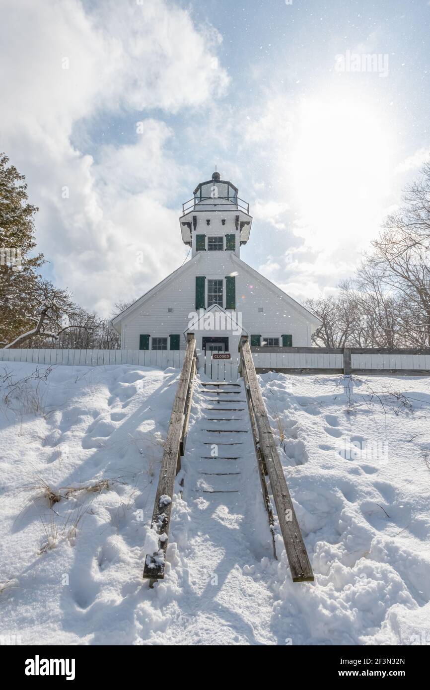 Very light snow falling on the 150 year old Old Mission Point ...
