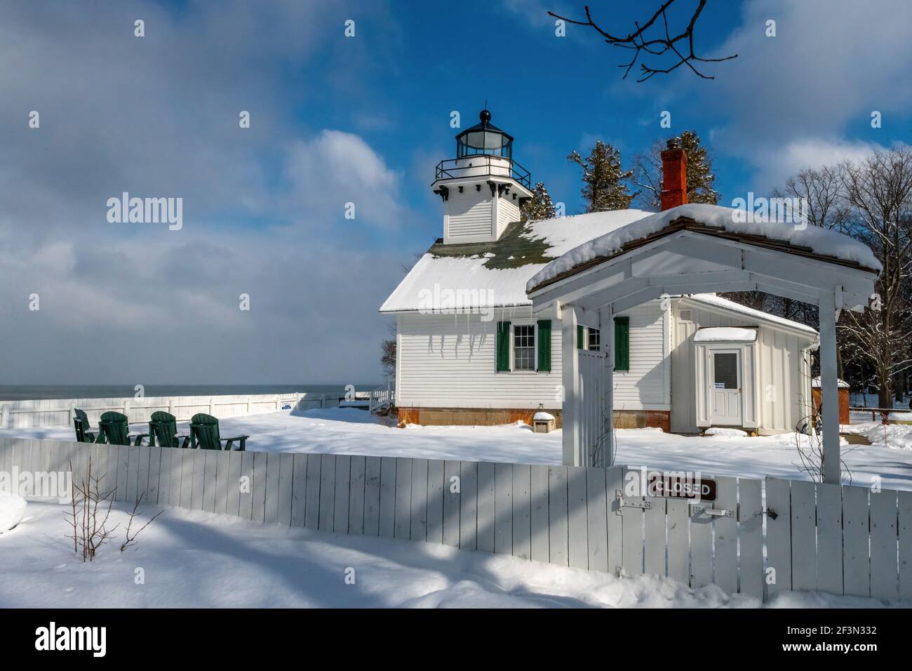 Very light snow falling on the 150 year old Old Mission Point ...