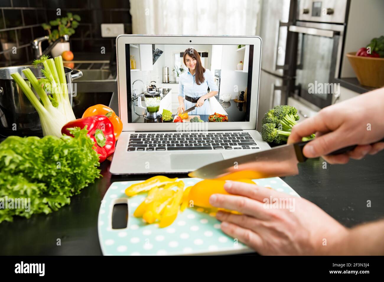 Beautiful happy woman streaming broadcast video blog about tasty and ...