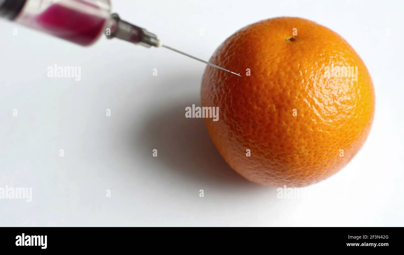 3D illustration - GMO injection with syringe in Orange Stock Photo - Alamy