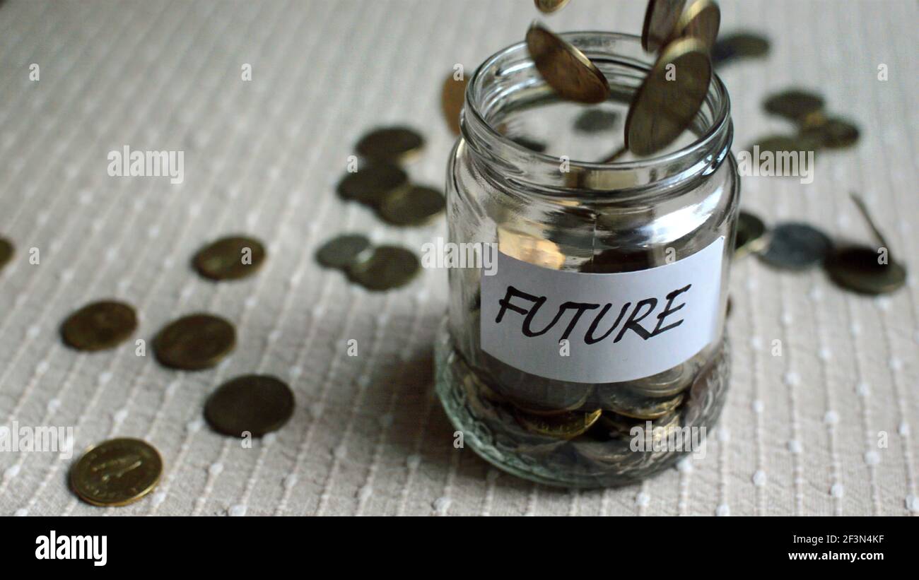 3D illustration - Coins filling in jar labeled for future Stock Photo ...