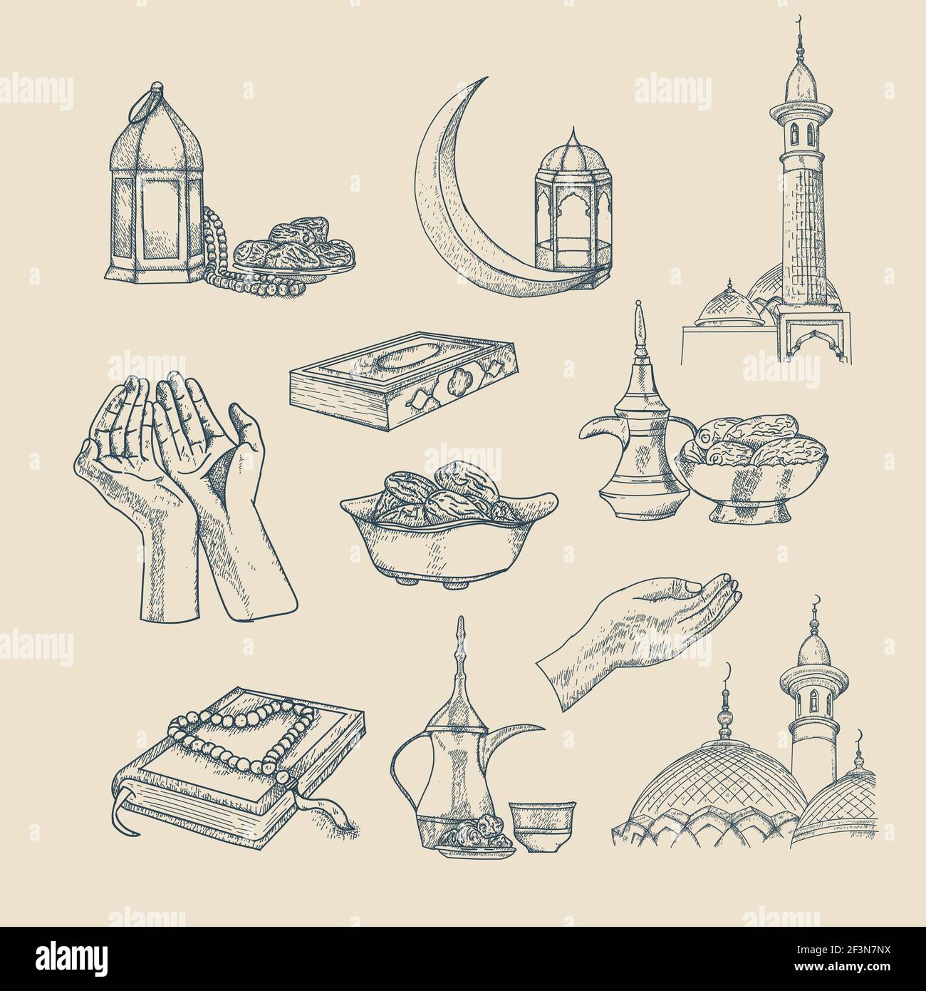 Islamic hand drawn vector illustration. Included Muslim, pray, mosque ...