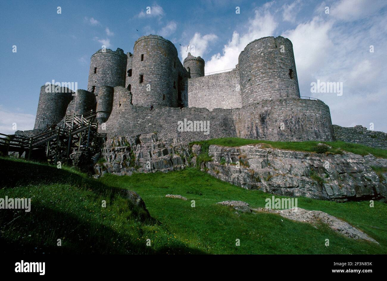 Castle. Norman. Round corner towers. Battlements. View from hill below ...